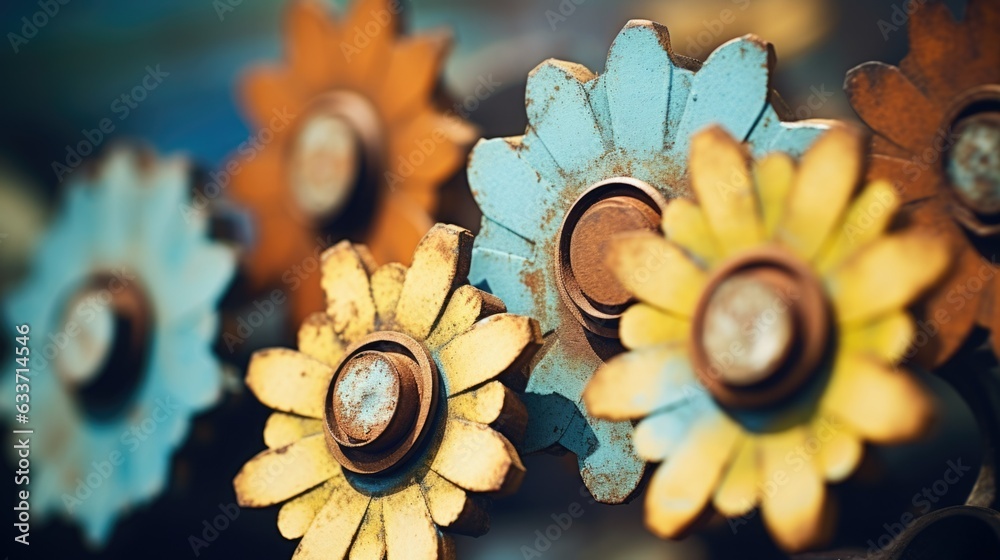 Garden sculptures of corroded blue and yellow metal flowers made from ...