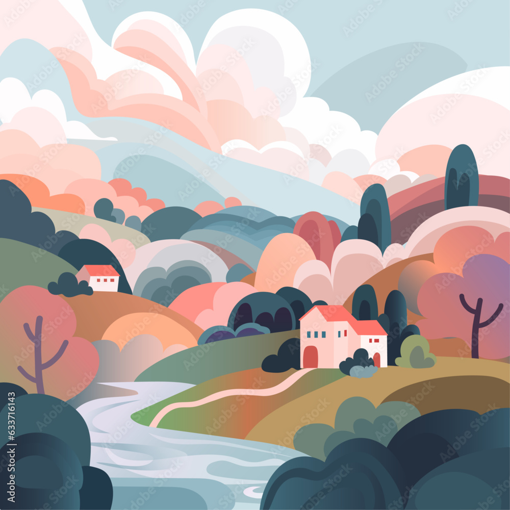 Nature and landscape. Vector illustration of trees, forest, mountains ...