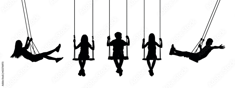 Kids swinging together on white background vector silhouette. Stock ...