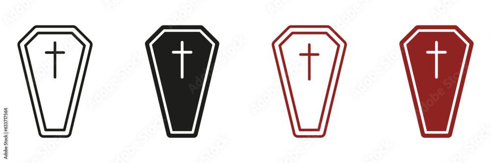 Coffin Casket Line and Silhouette Icon Set. Halloween Holiday ...
