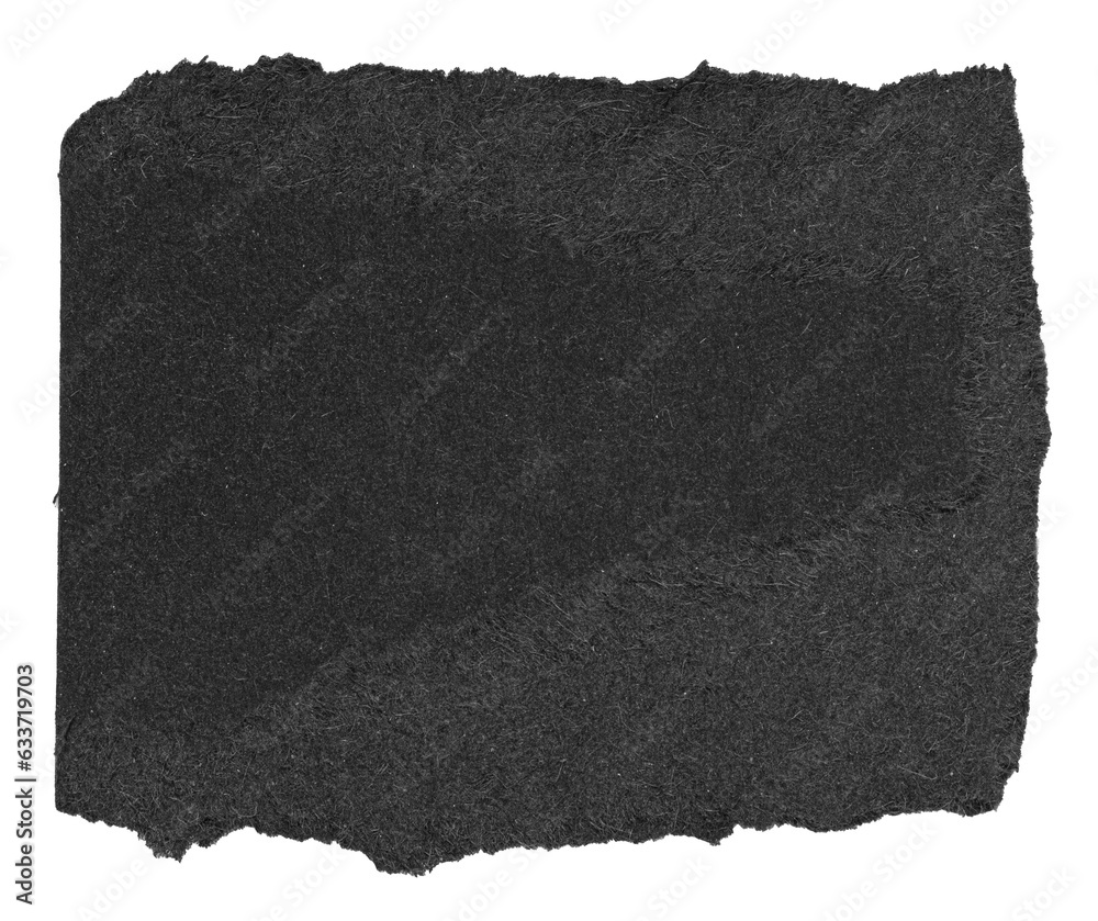 Single piece of isolated ripped crumpled blank black paper with rough ...