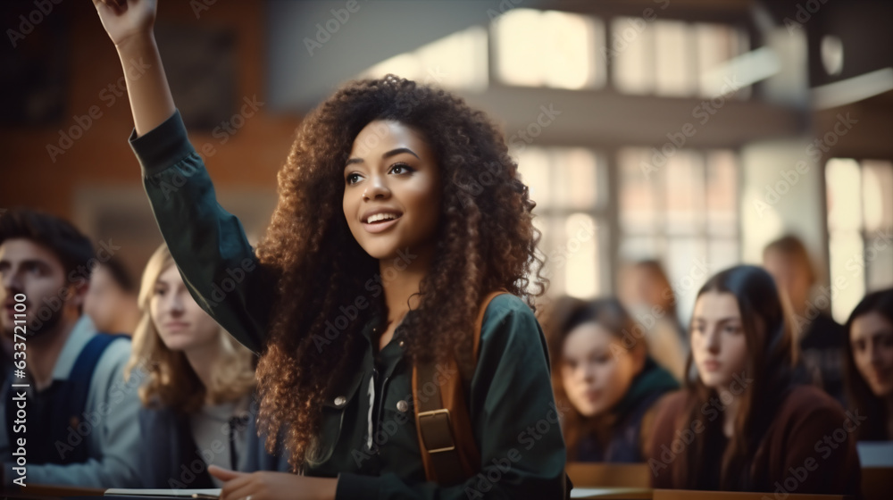 Happy African American student raising her hand to ask a question ...