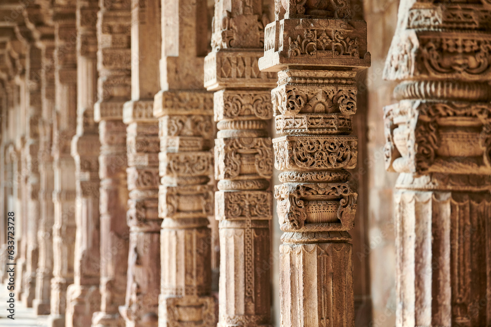 Foto de Stone columns with decorative bas relief of Qutb complex in ...
