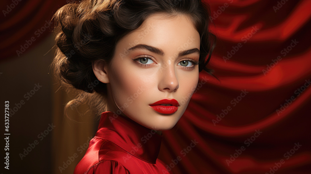 Elegant photograph of a beautiful supermodel showcasing a classic red ...