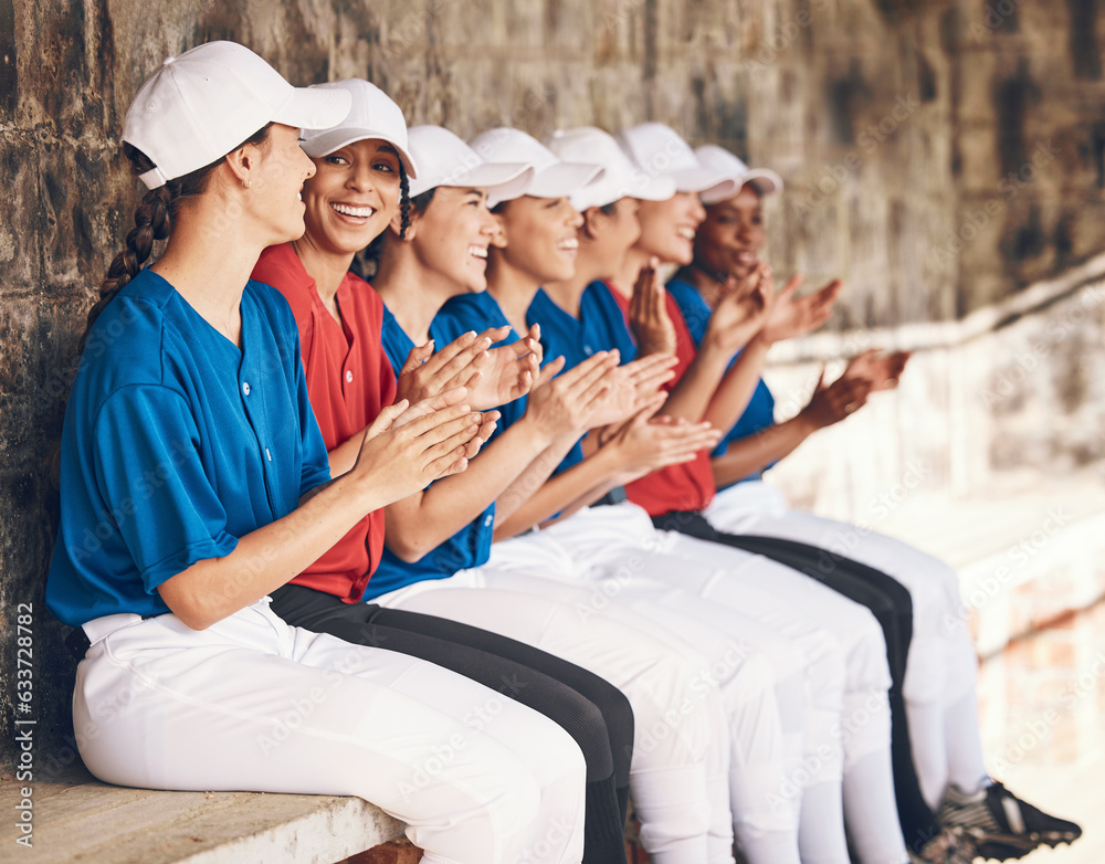 Sports, baseball dugout and team applause for motivation, match winner ...