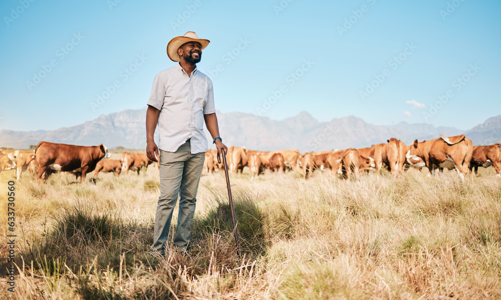 Foto de Farm, black man and happy, cow and agriculture for livestock ...