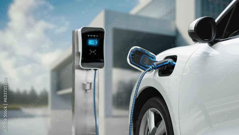 Electric car recharging from smart EV charging station in modern and ...