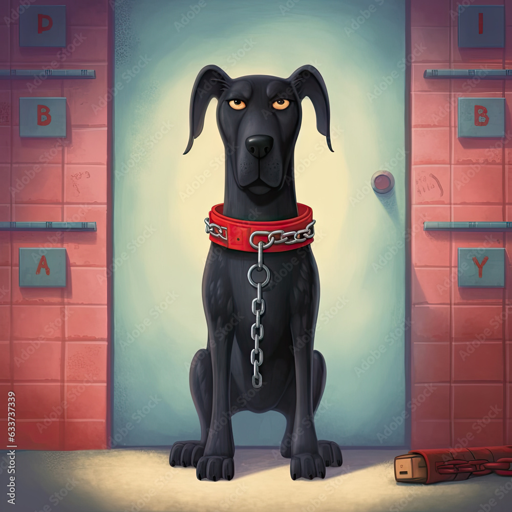 Illustration of a dog chained to a lock in a locker room Stock ...