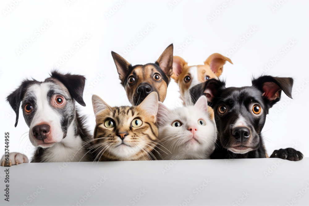 Selfie of a group of dogs and cats peeking over a light wall on a white ...