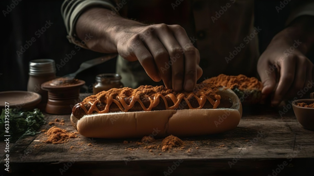 Chef preparing a tasty hot dog with a frankfurter beef sausage on a ...
