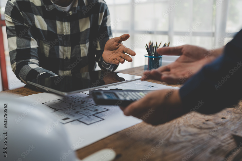 Structural engineer team discussing and calculating work Office design ...