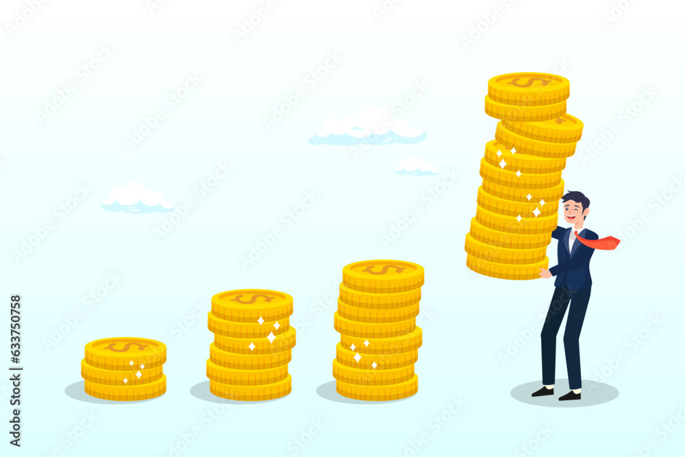 Businessman investor holding high stack of dollar money coins to put as ...