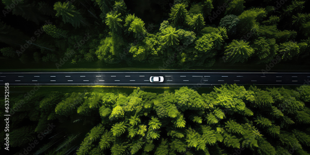 Bird eye top view of single car driving on long highway road from green ...
