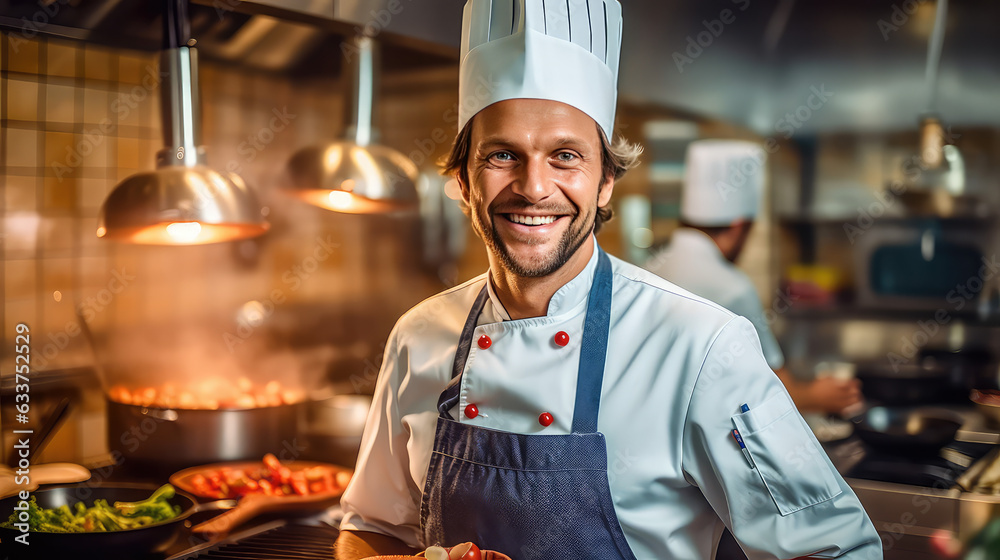Chef working diligently in a bustling hotel kitchen. Chef wearing a ...