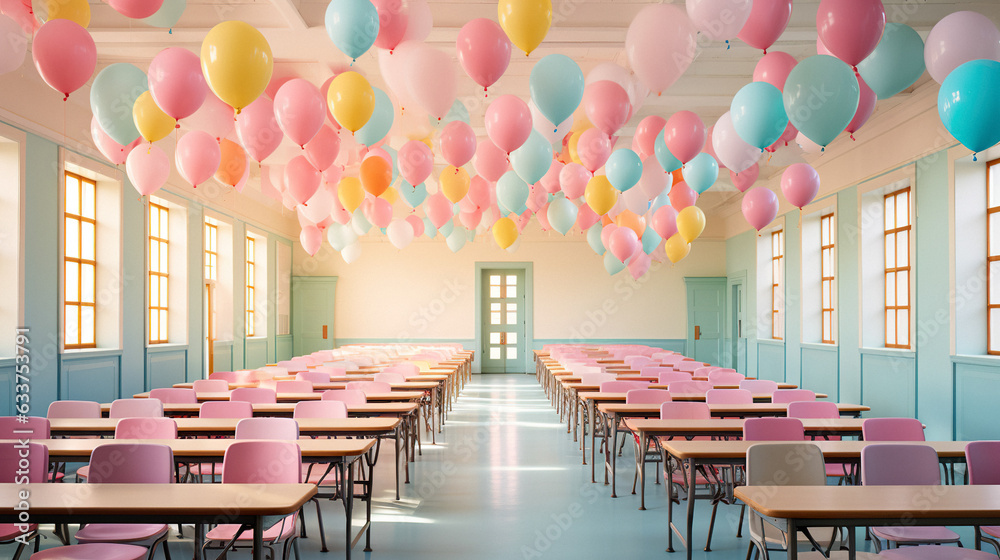 A pastel school classroom full of colorful balloons to welcome children ...