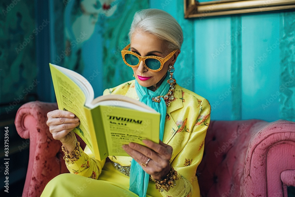 An elegant elderly lady enjoys her free time reading. A modern ...