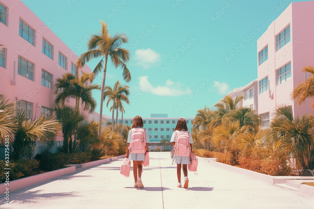 Cute little school girls with pink backpack and school uniform ready to ...