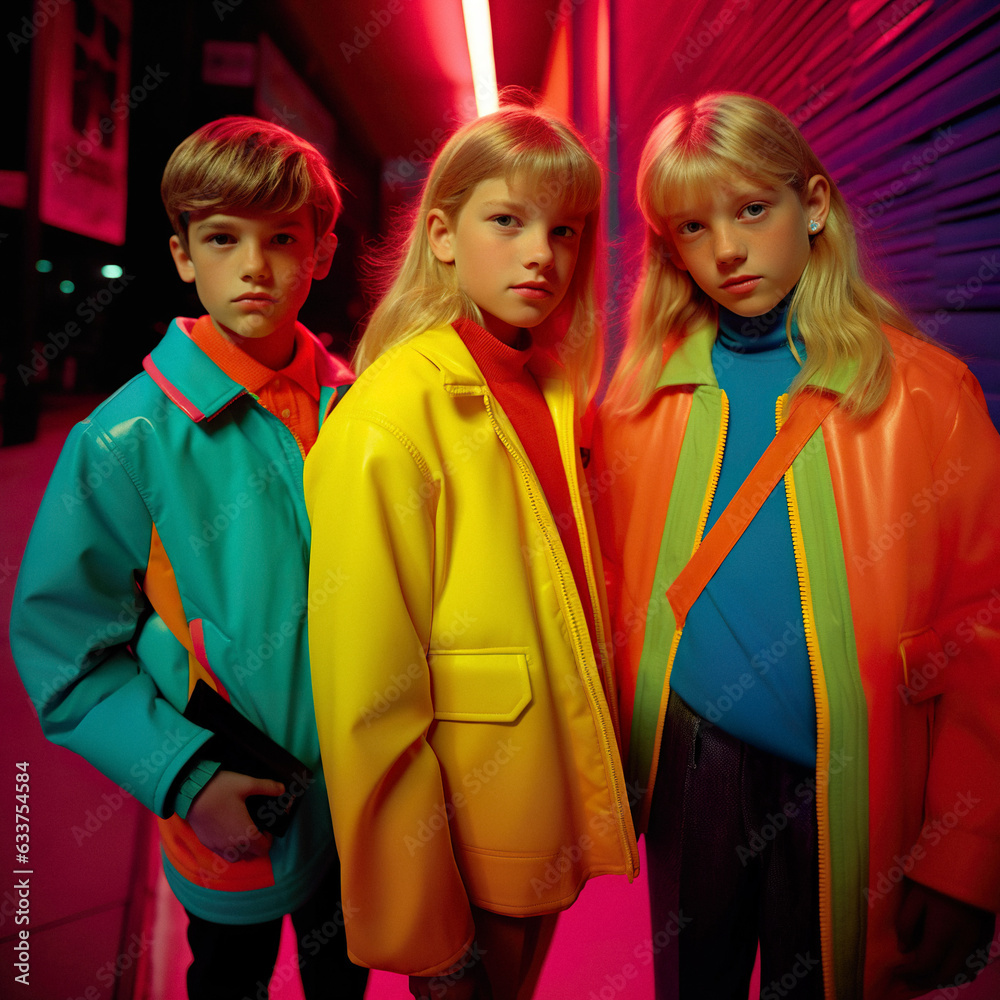 Urban, fashionable, modern children in neon vivid colors autumn jackets ...