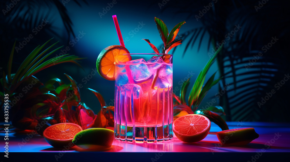 Colorful cocktails in a glass on the bar counter, neon lights on dark ...