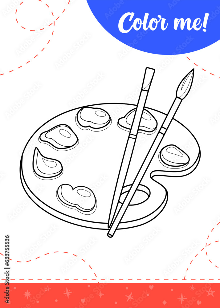 Coloring page for kids with color art palette and brushes. A printable ...