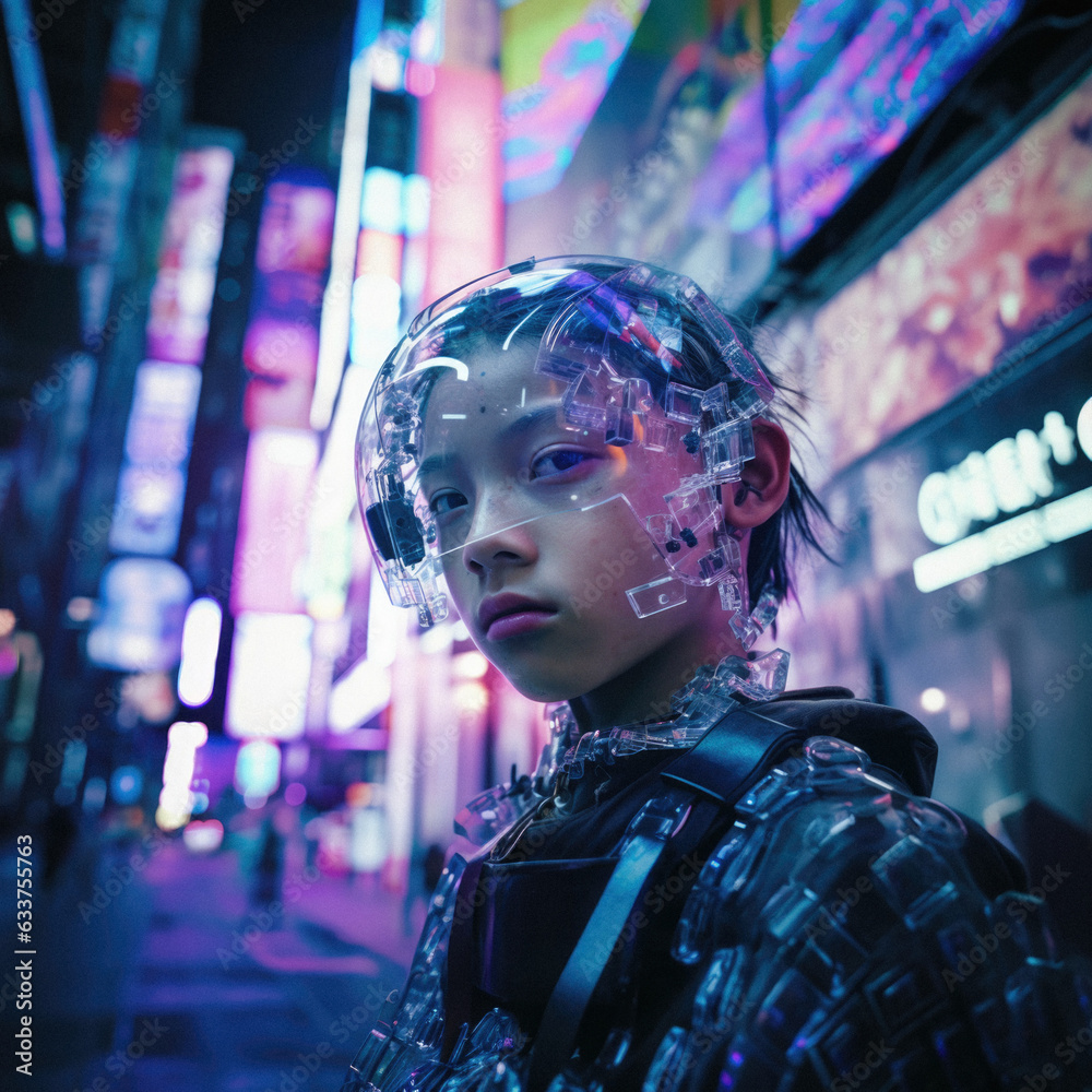 A cyber kid, young girl in a robot suit on the streets of a futuristic ...