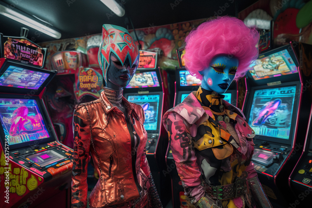 Futuristic cyberpunk arcade with machines where are young people ...
