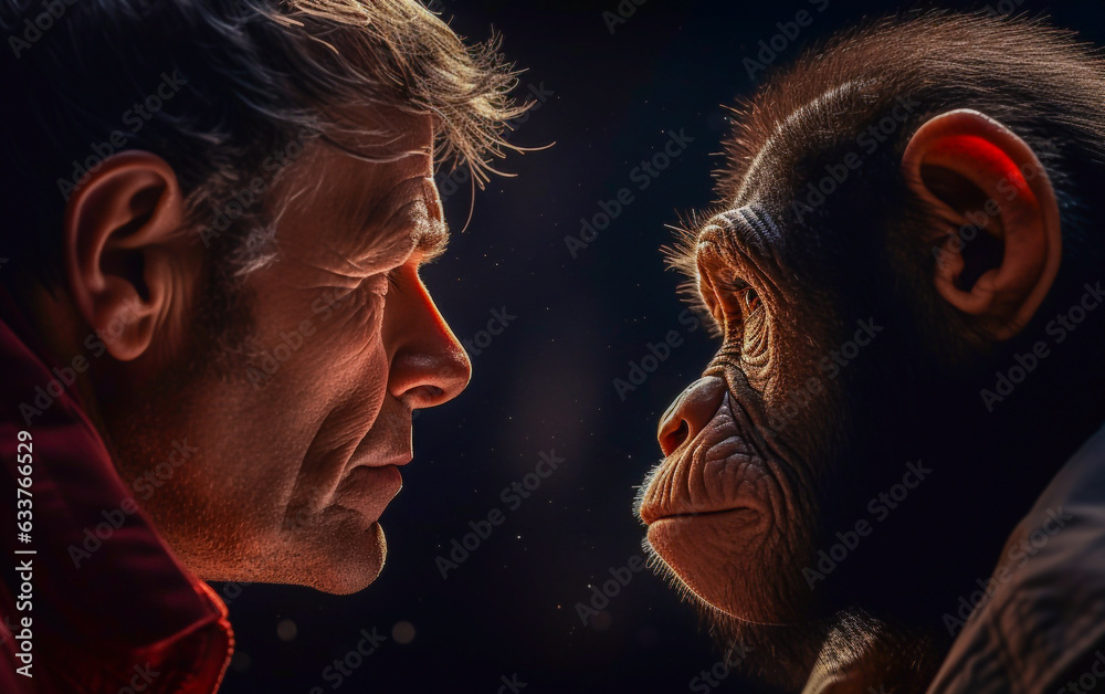 Man and ape in profile facing each other, concept of evolution of the ...
