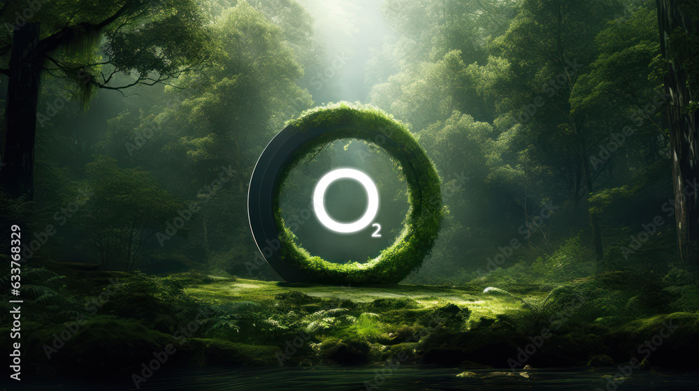 Oxygen symbol on the green in the forest. environmental friendliness ...