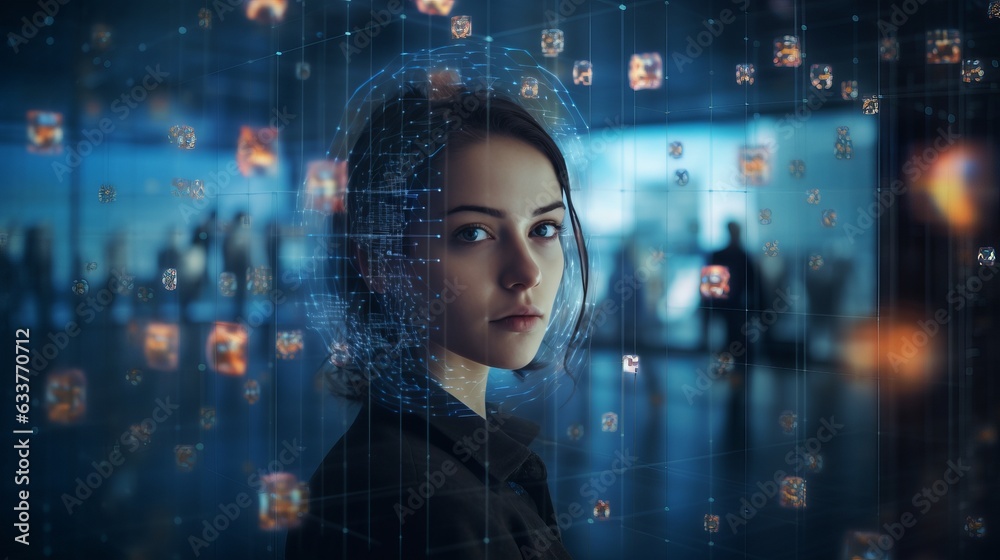 Woman looking at the camera and smart technology for face recognition ...