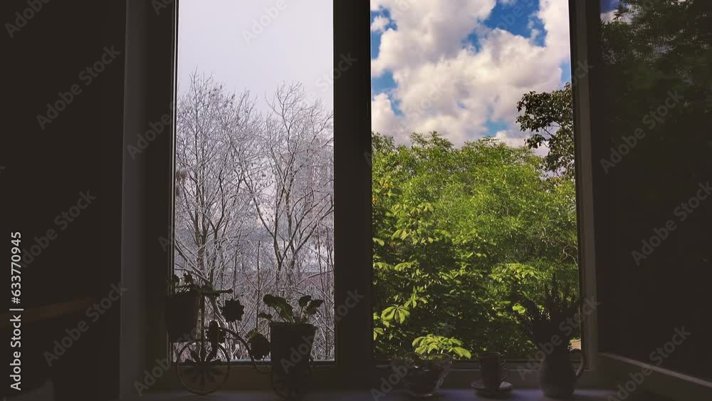 Vidéo Stock Home window frame with two windows, one of which has a ...