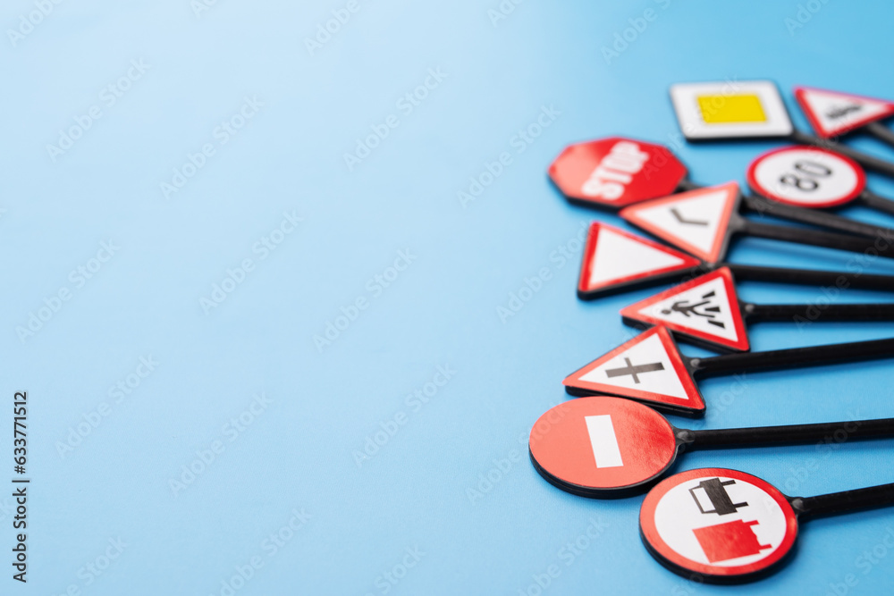 driver education, road signs road signs on a blue background, copy ...