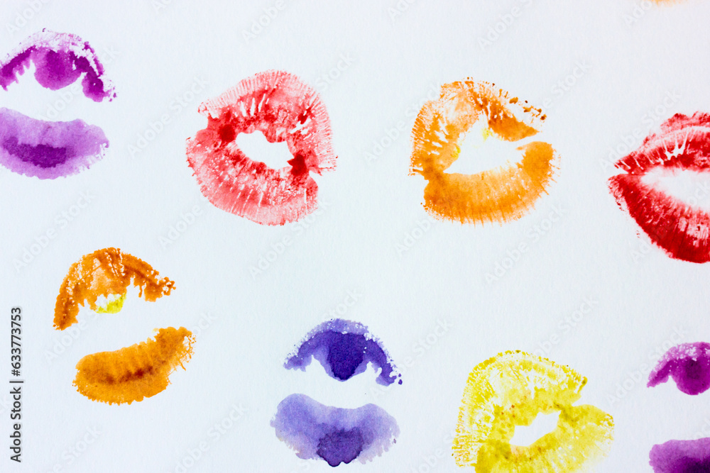 Set of multicolored female lip prints on white paper background top ...