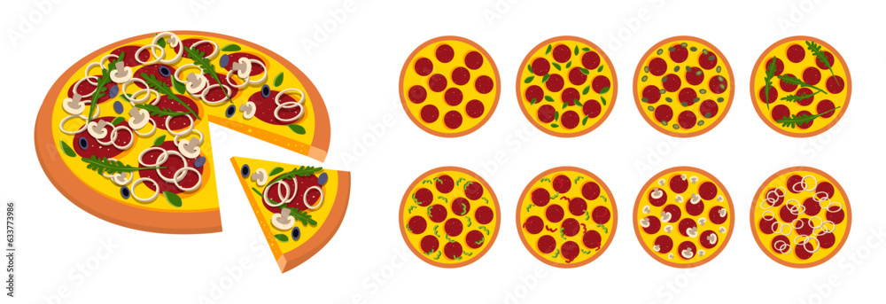 Set of different pizzas. Vector illustration of pizza in the style of ...