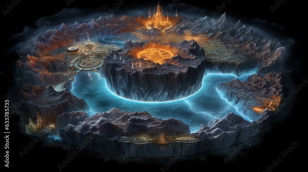 a map of a fantasy world thunder fire water ice lighti.Generative AI ...