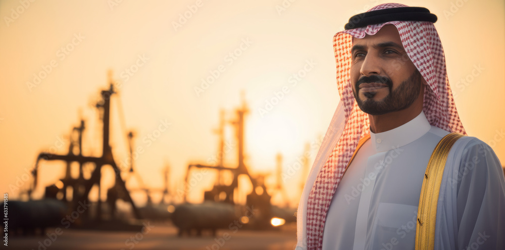 Successful Muslim Arab businessman with an oil pump, oil refinery plant ...