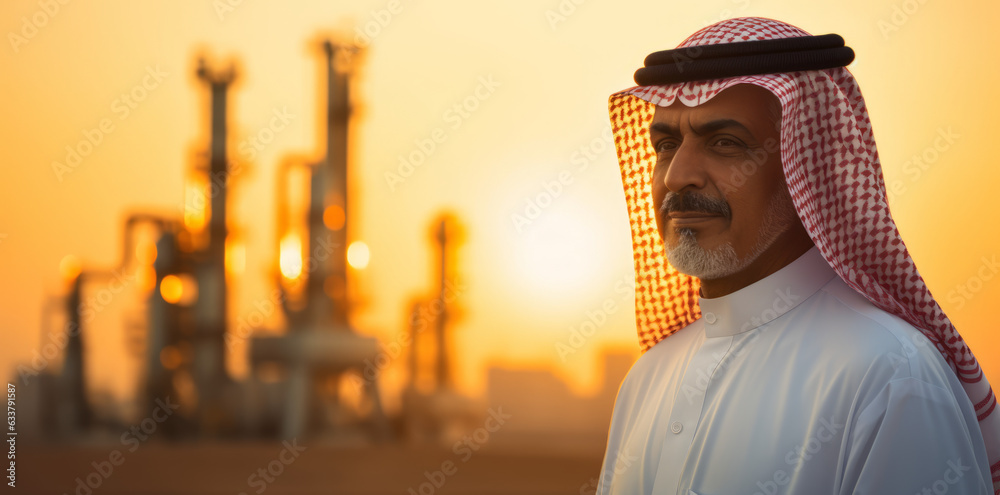 Successful Muslim Arab businessman with an oil pump, oil refinery plant ...