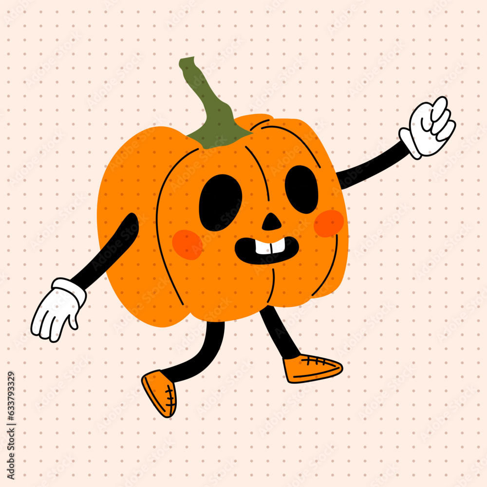 Groovy cartoon style pumpkin character. Halloween illustration. Retro ...