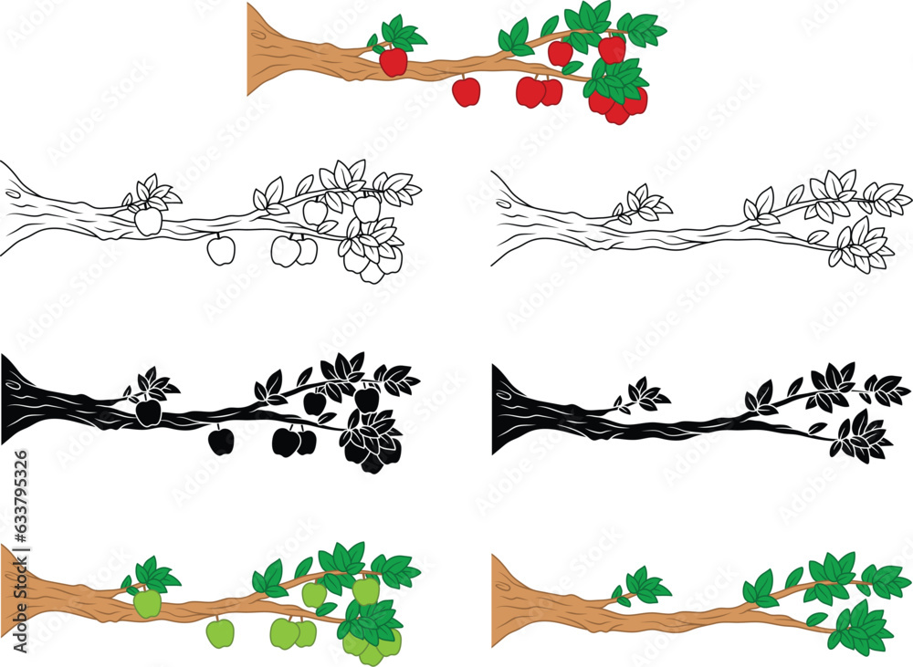 Apple Tree Branch Clipart - Outline, Silhouette & Color Stock Vector ...