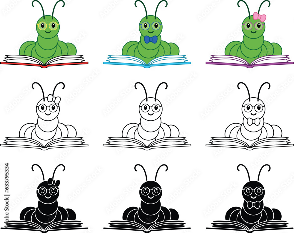 Cute Bookworm or Caterpillar Reading A Book Clipart - Outline ...