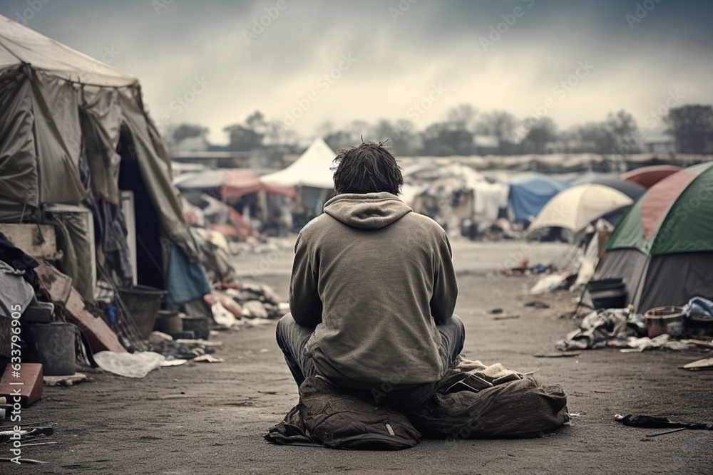 Inside a squalid tent city, under an overcast, gloomy sky, a homeless ...