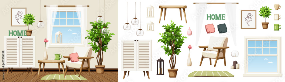 Cozy room interior with a white armchair, a table, a window, a cabinet ...