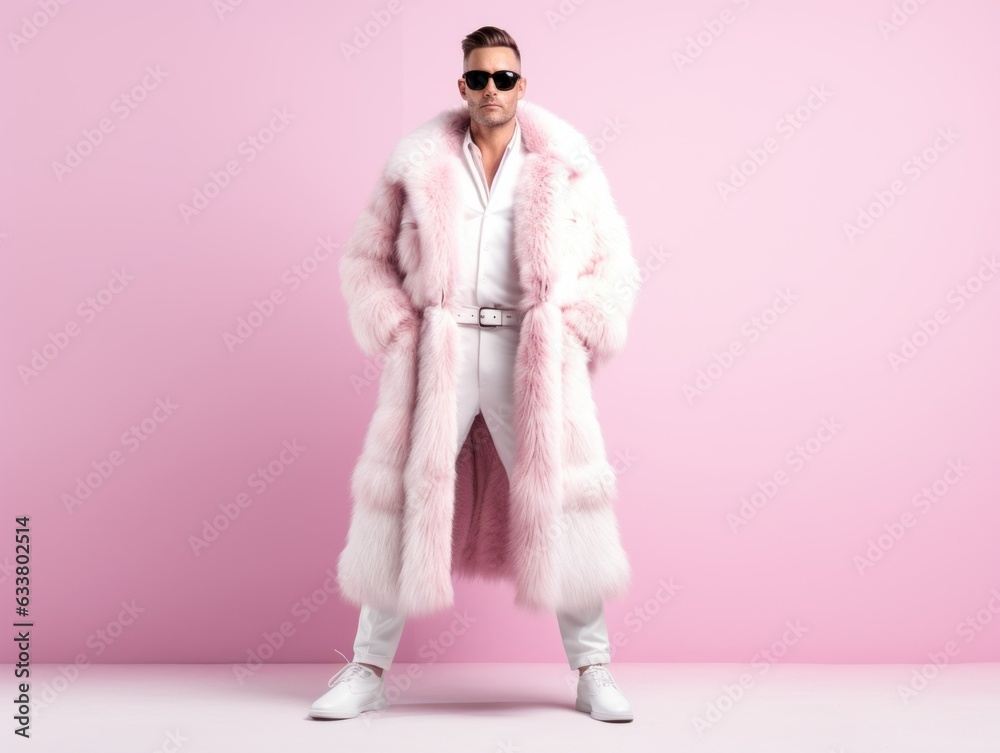 Fullbody portrait of a fictional white man in pink fur coat standing ...