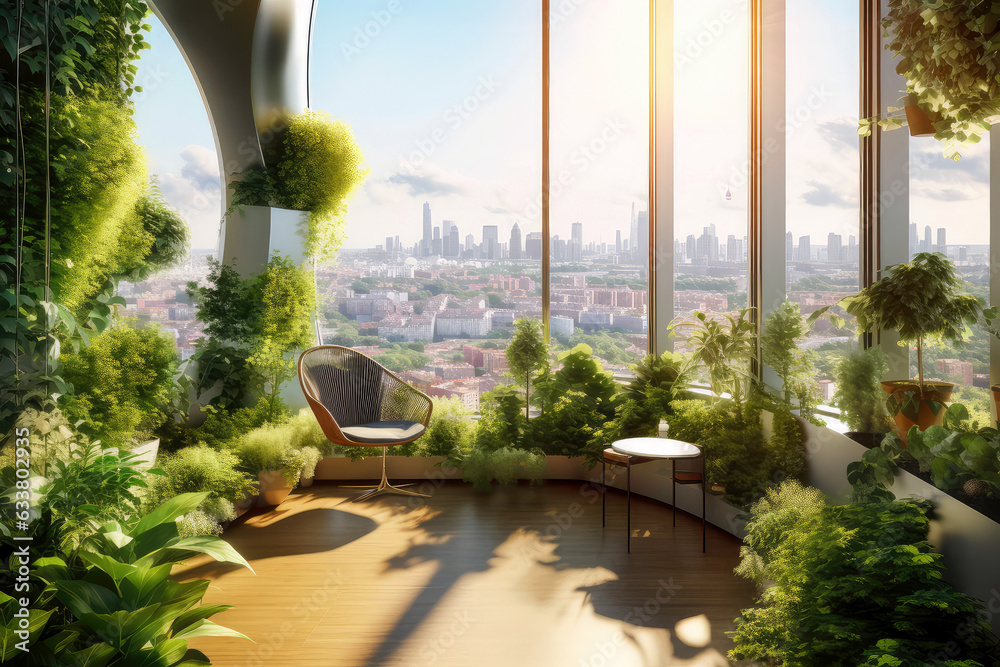 Biophilic design in a minimalist, white interior with plants. Sunlight ...