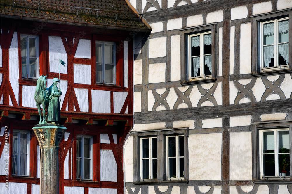 Half-timbered buildings at Rathausplatz - Town hall square, in front ...