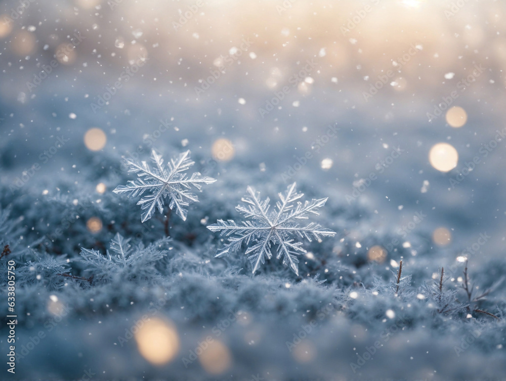 snowflake ice crystals snow falling on frozen ground and plants on a ...