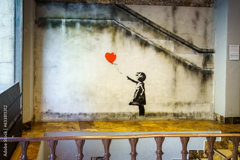 Barcelona, Spain-July 30, 2023. Entrance and museum logo of Banksy, the ...