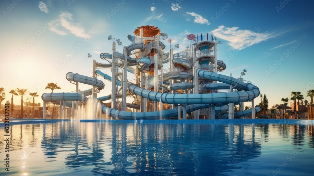 a concept photo of a big amusement water park with water play areas ...