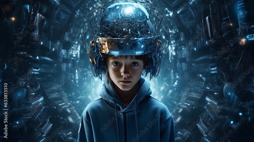 Youth in tech concept. A young individual is depicted in a tech ...