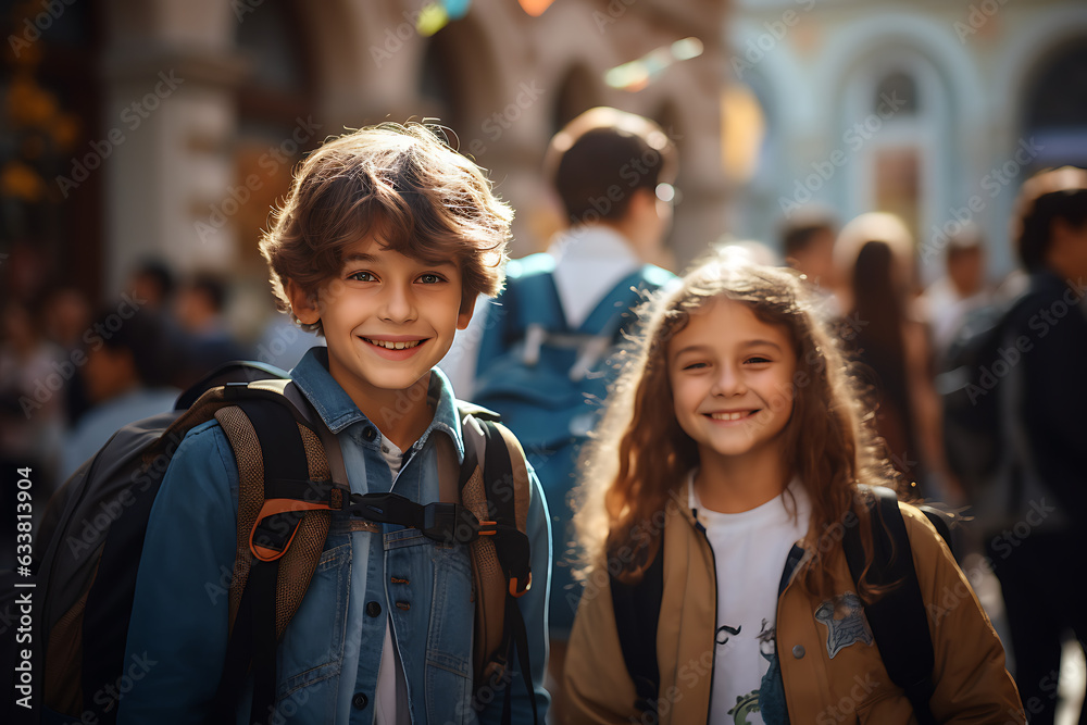 Very happy girl and boy waiting at the school entrance. Kids that are ...