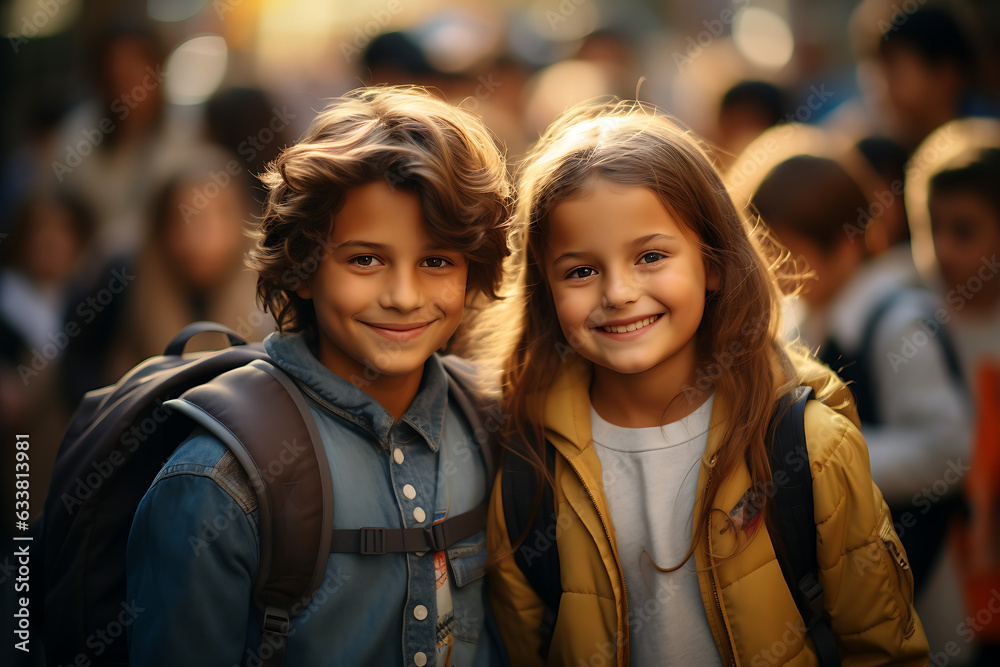 Very happy girl and boy waiting at the school entrance. Kids that are ...